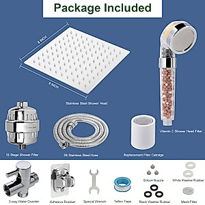 HarJue Filter Shower Head, High Pressure ShowerHead with Filter Combo for Hard Water, Remove Chlorine Fluoride and Harmful Substances- 1 Replaceable Filter Cartridge（8 Inch, Chrome）