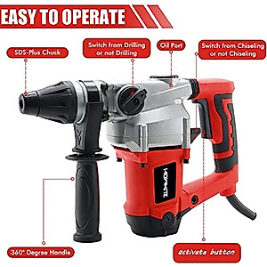 1-1/4 Inch SDS-Plus 13 Amp Heavy Duty Rotary Hammer Drill 3 Functions with Vibration Control Including Grease, Chisels and Drill Bits with Case, Gloves and Carrying Case