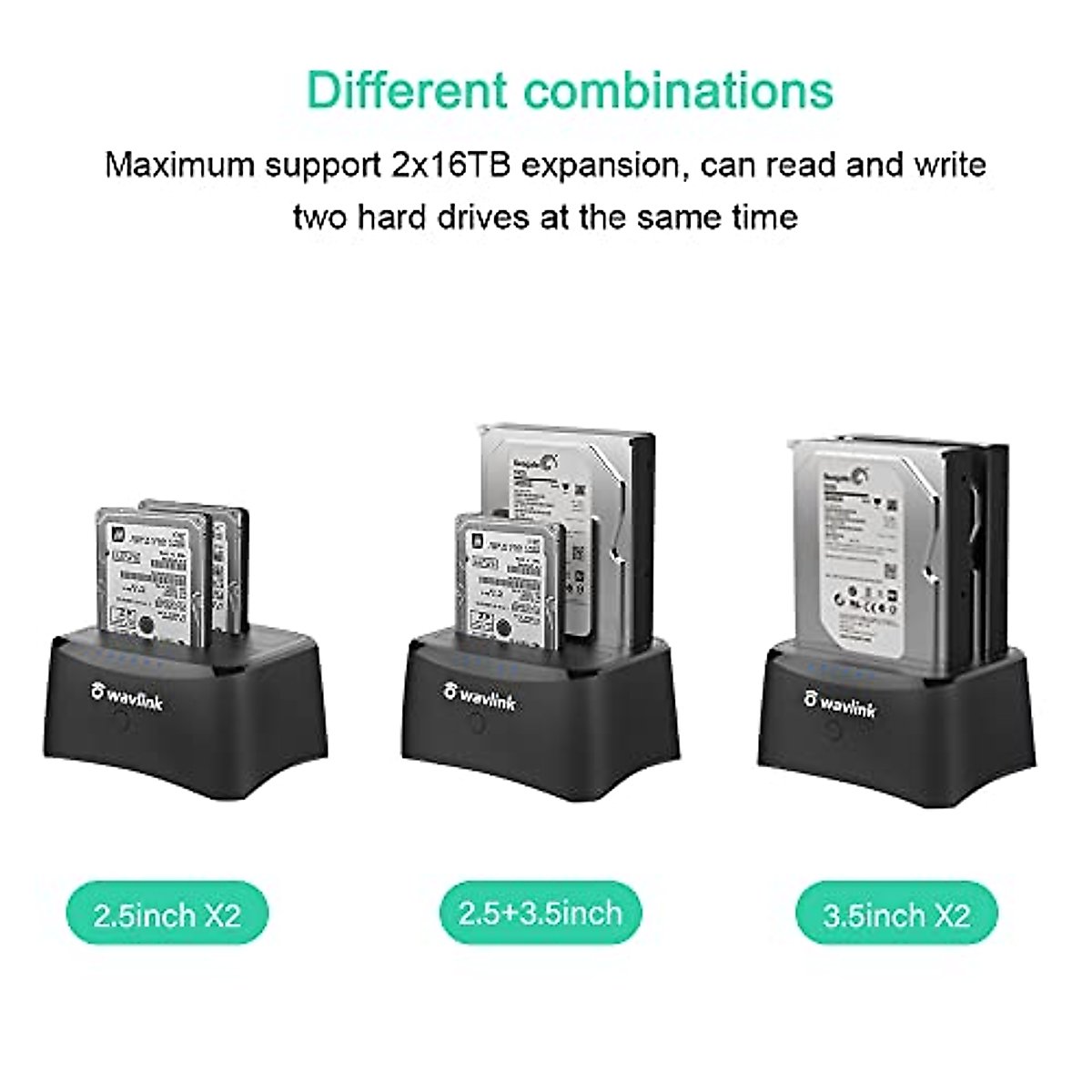 WAVLINK USB 3.0 to SATA I/II/III Dual Bay External Hard Drive Docking Station for 2.5/3.5 Inch SSD HDD, Hard Drive Duplicator (up to 2 x 16TB), Support Offline Clone Function, OTG Function