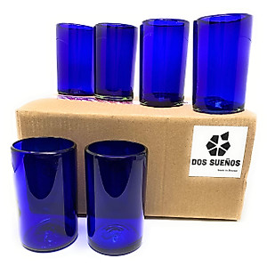 Hand Blown Mexican Drinking Glasses – Set of 6 Cobalt Water Glasses (14 oz each)