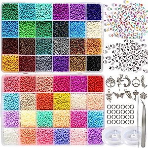 35000pcs 2mm 12/0 Glass Seed Beads for Jewelry Making Supplies Kit Small Bead Craft Set Bracelets Necklace Ring Making Kits Glass Seed Letter Alphabet Beads Charms Pendants DIY Art Craft Kit for Girls