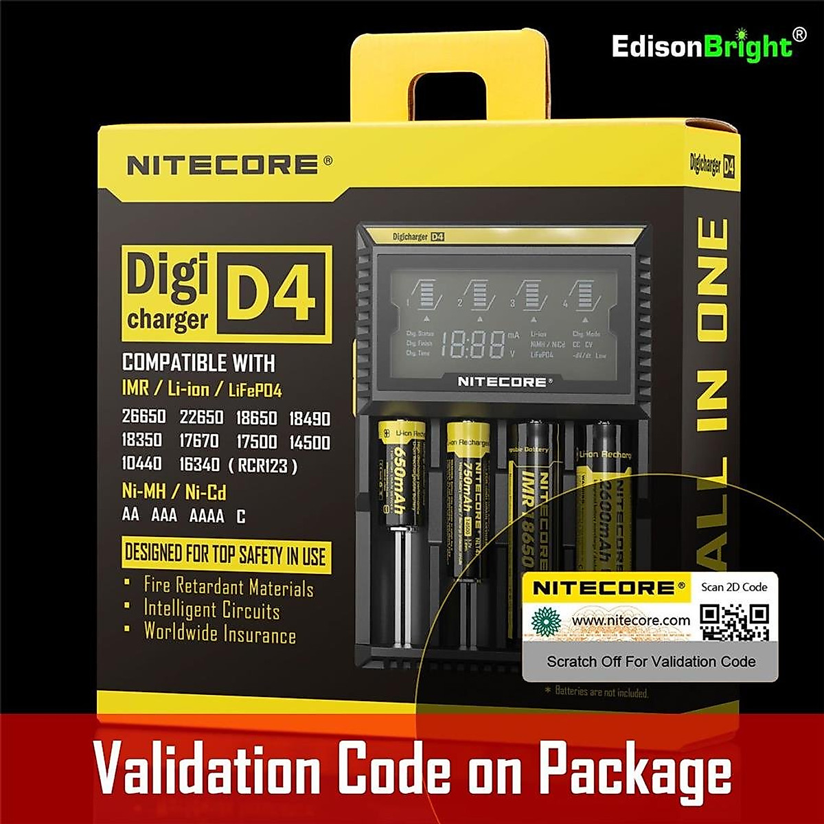 EdisonBright Nitecore D4 Digital Smart Battery Charger for Li-ion Ni-MH Ni-CD with 12V DC Car Adapter, NBM40 18650 Battery Magazine Battery Carry Case