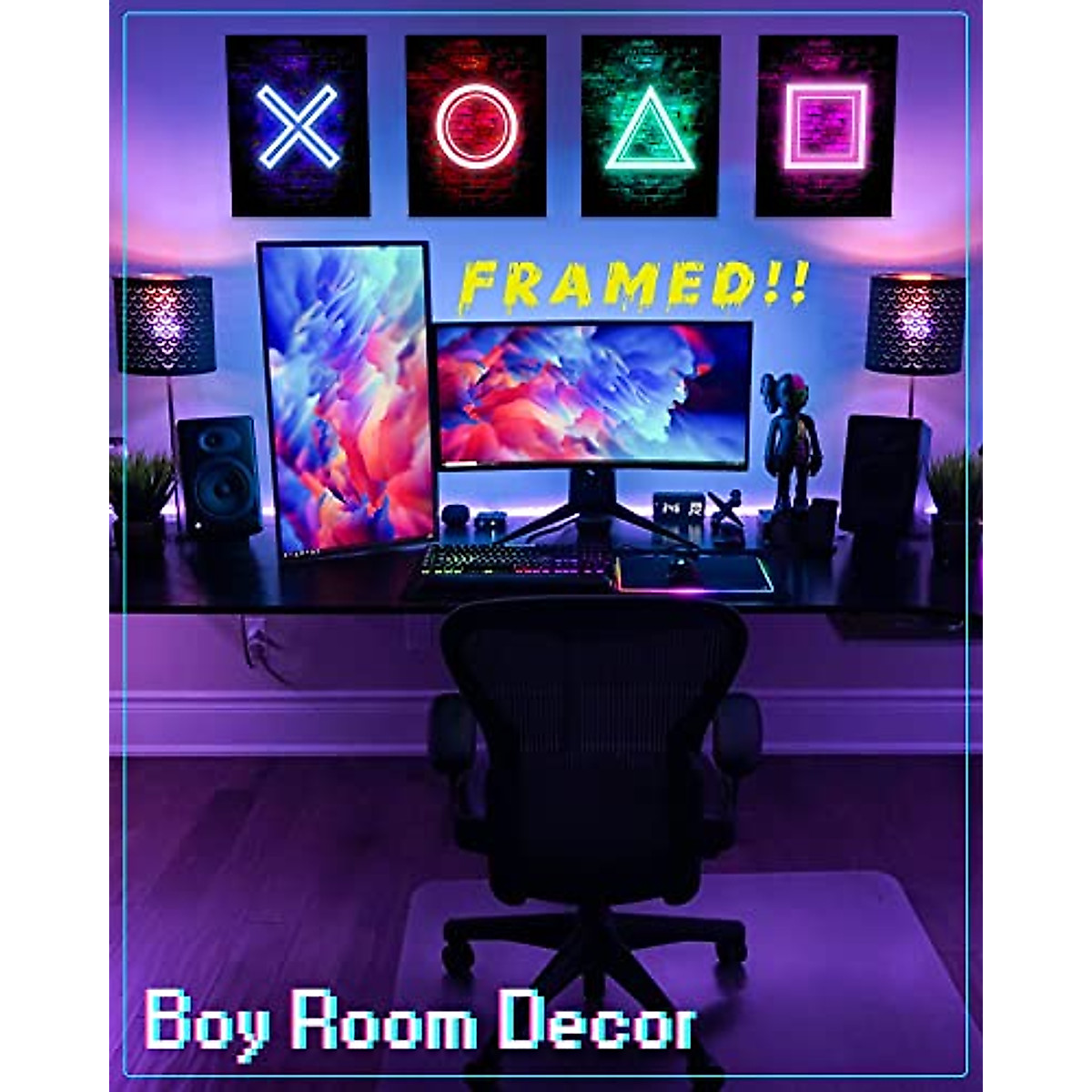 Gamer Room Decor for Boys - Gaming Wall Art - FRAMED 8"x10" - PRINTED Neon Gaming Room Decor - Posters for Boys Room - Video Game Decor - Gaming Wall Decor