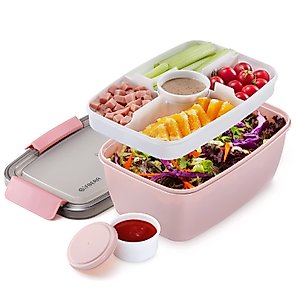 GiFBERA Large Salad Lunch Container - 68 oz Salad Bowl with 5 Compartments Bento-Style Tray, 2 pieces Salad Dressing Containers To Go, Leak-Proof & BPA-Free (Pink)