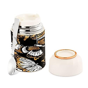 CUPADA Leopard Butterfly Food Jar for Hot and Cold, Skin Pattern Insulated Food Jars Vacuum 17OZ with Folding Spoon for Work Trip Picnic Camping