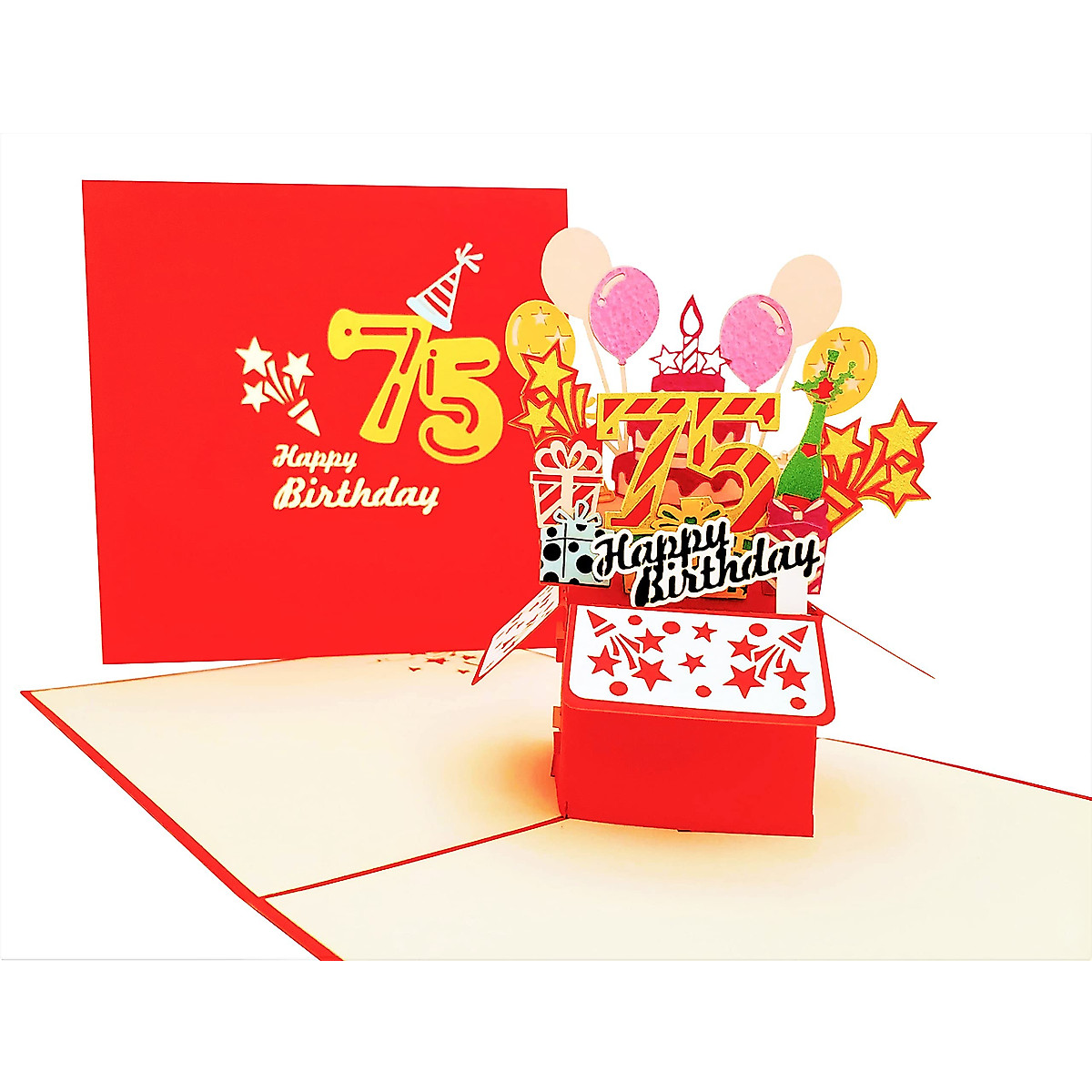 iGifts And Cards Happy 75th Red Birthday Party Box 3D Pop Up Greeting Card – Seventy-Five, Awesome, Balloons, Unique, Celebration, Feliz Cumpleaños, Fun, Mom, Dad