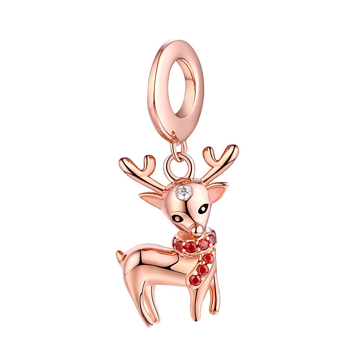 Reindeer Dangle Charm fit for Pandora Charms Bracelets 925 Sterling Silver with Cubic Zirconia Rose Gold Plated Christmas Gift Jewelry for Women and