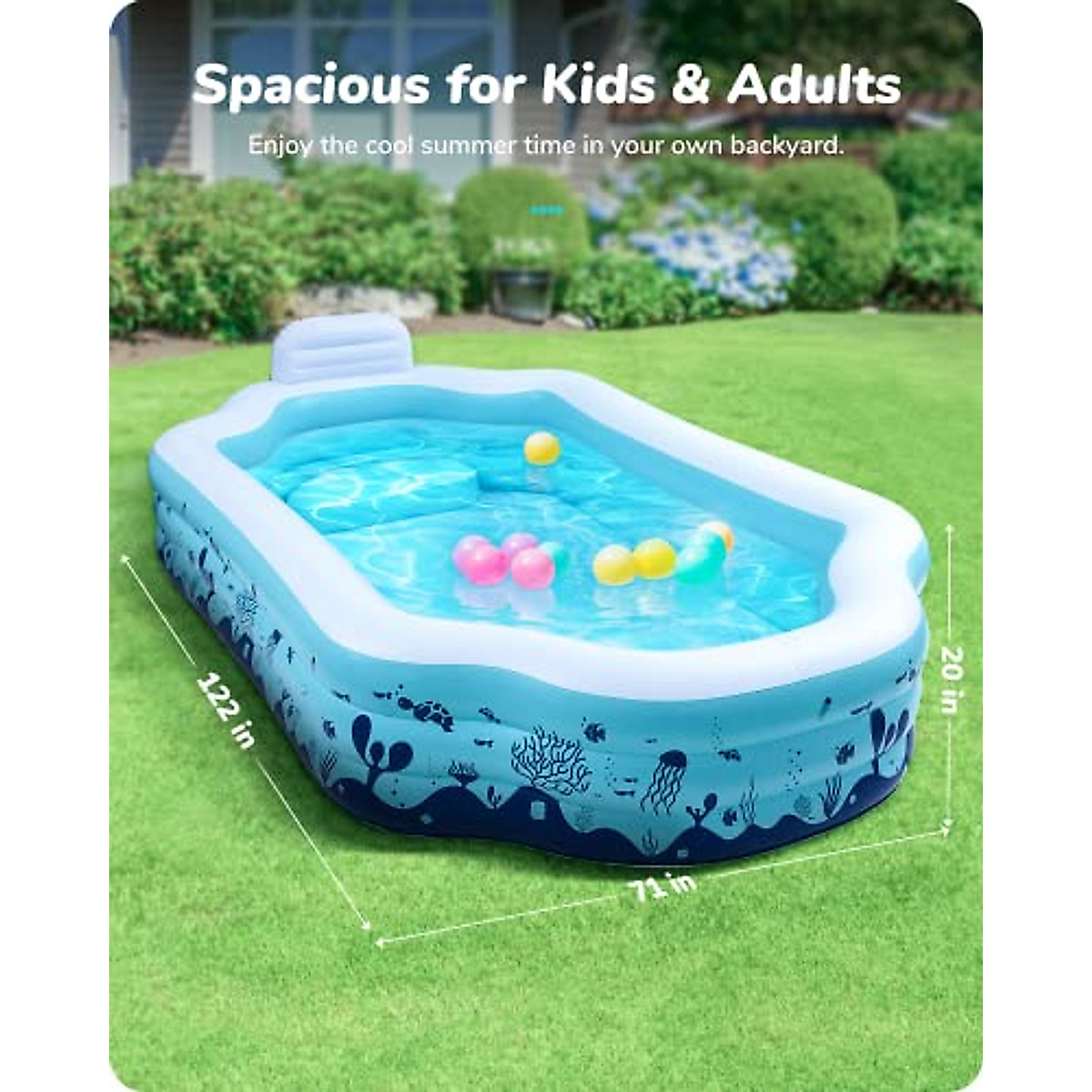 Inflatable Swimming Pool, Valwix 122" X 71" X 20" Full-Sized Family Blow Up Pools for Adults, Children, Above Ground Outdoor Garden Backyard Pool with Seat and Backrest, Summer Water Party for All