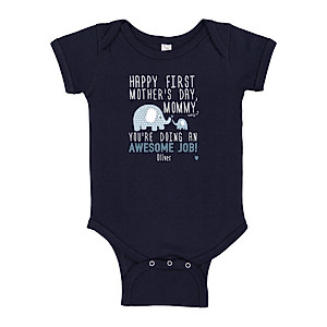 Mothers Day Bodysuit Custom Name Gifts Happy First Mothers Day Blue Elephant Bodysuit 12 Months Navy