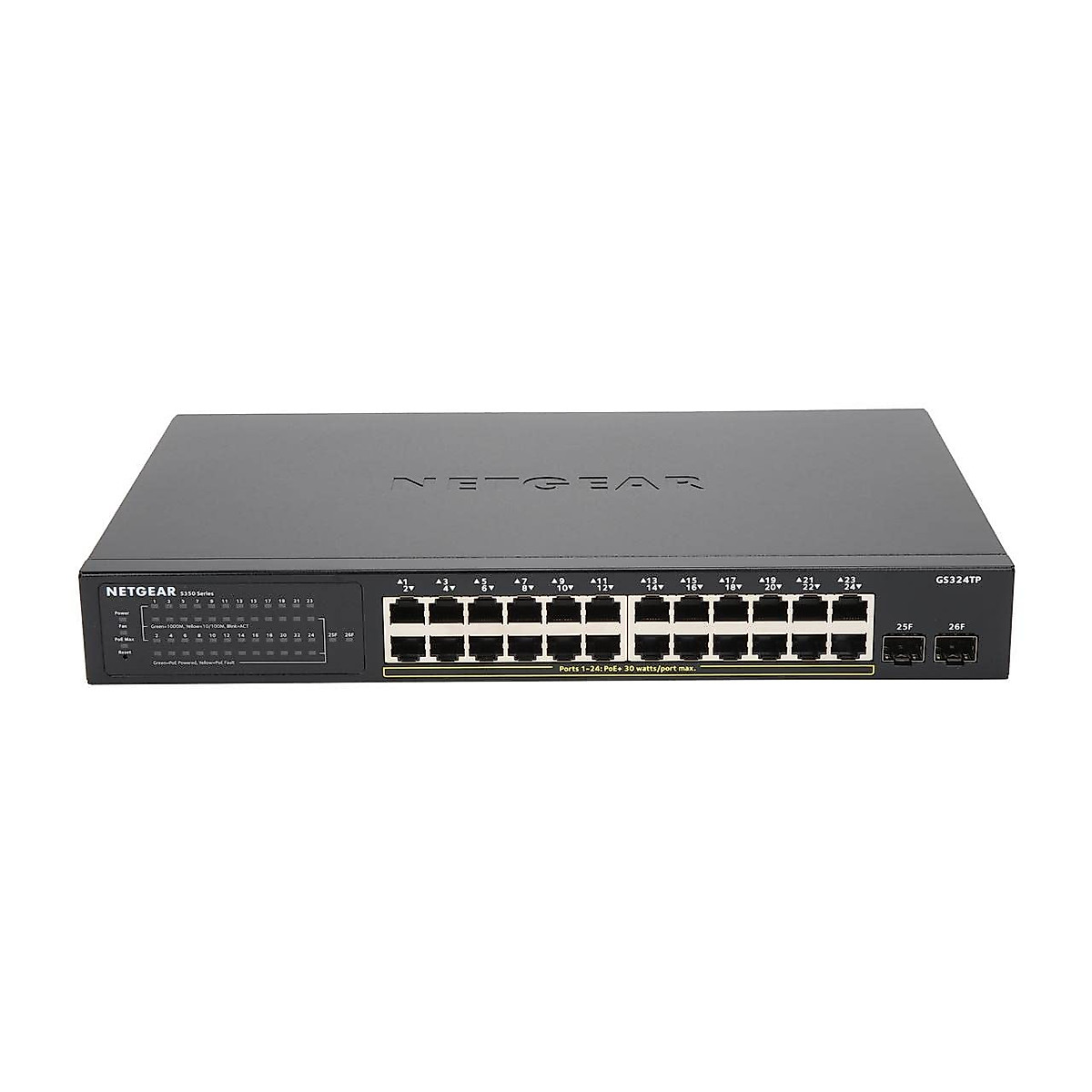 NETGEAR 26-Port PoE Gigabit Ethernet Smart Switch (GS324TP) - Managed, with 24 x PoE+ @ 190W, 2 x 1G SFP, Desktop or Rackmount, S350 series