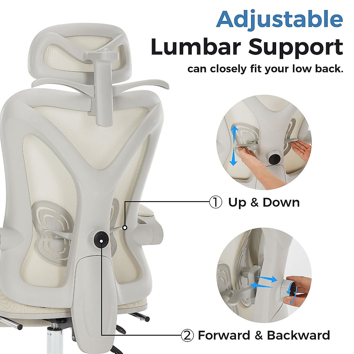 GGN Ergonomic Office Chair with Foot Rest, White Reclining Desk Chair with Leg Rest, Mesh Computer Desk Chair with Adjustable Headrest & Lumbar Support, White