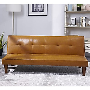 Audrey Living Futon Sofa Bed, Upholstered Modern Convertible Sleeper Sofa Couch Faux Leather for Small Living Room, Apartment, Dorm, Square Legs, 69”W (Tan)