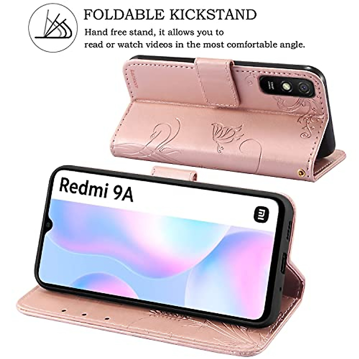 kazineer Leather Wallet Cover Phone Case for Xiaomi Redmi 9A/Xiaomi Redmi 9AT, with RFID Blocking Card Holder Slots (Rose Gold)