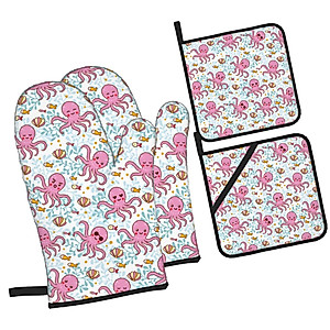 Cute Octopus Oven Mitts and Pot Holders Sets of 4 Heat Resistant Cooking Gloves and Potholders Non-Slip Kitchen Mittens Hot Pads with Hanging Loop for Kitchen Baking BBQ Grilling Picnic