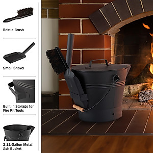 Pure Garden Ash Bucket with Lid, Broom, and Shovel, Black