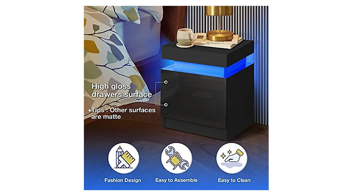 HOMMPA LED Nightstand with RGB Lights - Modern Black Bedside Table