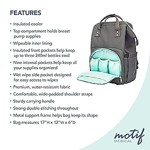Motif Medical, Maternity Backpack, Insulated Nursing Bag for Breast Pump, Breast Milk, Feeding Bottle - Grey