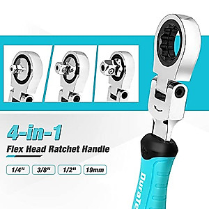 DURATECH 4-in-1 Flex-Head Ratchet Set, 19mm Ratcheting Wrench with Interchangeable 1/4", 3/8", 1/2" Drive Head, 72 Tooth, Preminum CR-V Steel Made