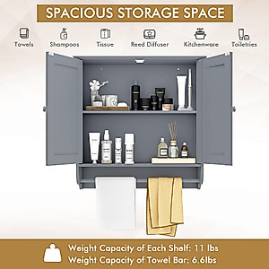 Tangkula Bathroom Cabinet Wall Mounted, Bathroom Medicine Cabinet with Bar&Double Door&Adjustable Shelf, Over The Toilet Storage Cabinet, Hanging Cabinet for Bathroom Laundry Kitchen (Gray)