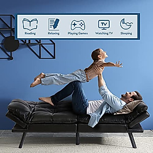 EGOHOME Futon Sofa Bed Faux Leather Sofa Couch, Convertible Sofa Loveseat with Adjustable Backrest and Armrest, Modern Futon Couch Bed for Studio, Apartment, Office and Dorm, Black