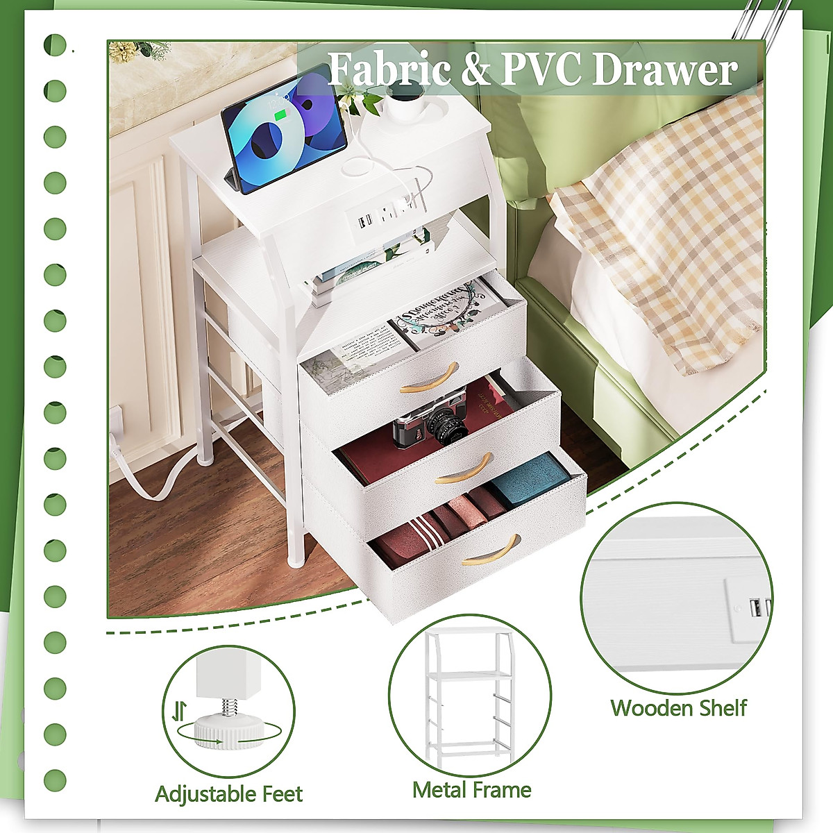 Furnulem Night Stand with Charging Station, 28.3 Inch Tall Bedside Table with PVC & Fabric Drawers, Side Table with USB Ports & Outlets, 3 Drawer Storage Nightstand for Bedroom, 3 Ways to Use, White