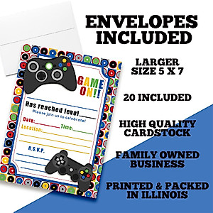 Game On! Video Gamer Birthday Party Fill In Invitations, 20 5x7 Fill In Cards with Twenty White Envelopes by AmandaCreation