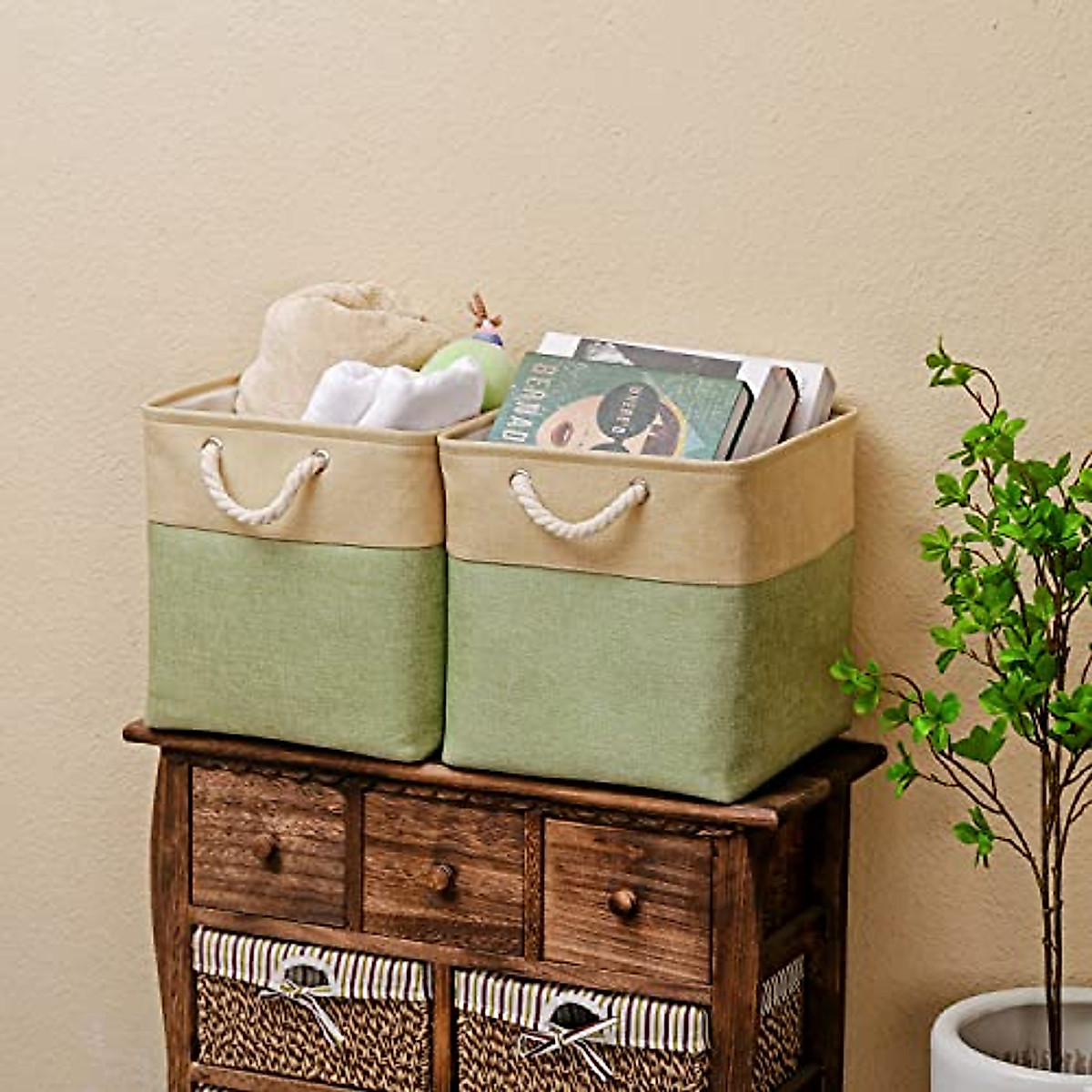 Large Cube Storage Baskets Organizer (10.5" x 10.5" x 11") for Clothes Toys Towel Books, Canvas Fabric Sturdy Collapsible Storage Boxes with Cotton Handles for Closet, Shelves (Green/Brown, 6 Pack)