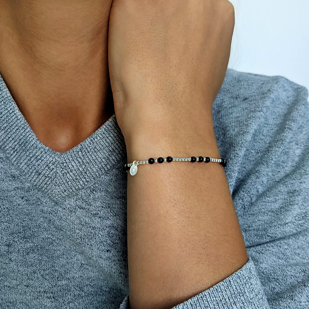 Silverly Women's 925 Sterling Silver 2 mm Small Thin Black Ball Beaded Elastic Stretch Bracelet