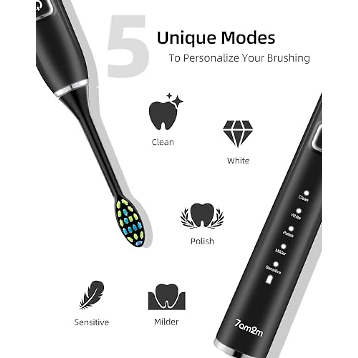 7AM2M Electric Toothbrush 2 Pack Set for Kids and Adults, 12 Brush Heads,5 Adjustable Modes, Built-in 2-Minute Smart Timer,Wireless Fast Charge for 60 Days,IPX7 Waterproof SonicToothbrush(Black+Pink)