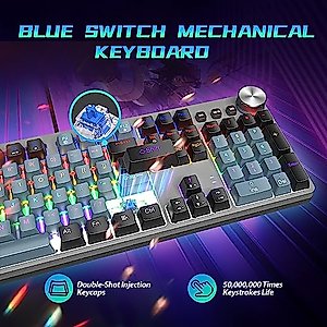 Mechanical Gaming Keyboard, RGB Backlit 104 Keys Full Size Keyboard with Multimedia Knob, Double Shot Keycaps, Full Anti-Ghosting, Blue Switch Wired Computer Keyboard for Windows PC Mac Xbox Gamer