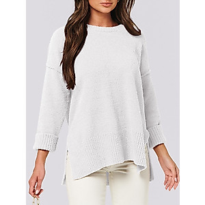 ANRABESS Women's 2024 Fall Oversized Long Sleeve Chunky Fuzzy Knit Casual Crewneck Warm Pullover Sweaters Top Trendy Outfits White