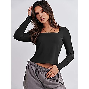 ANRABESS Crop Top for Women Long Sleeve Corset Workout Tees Basic T-Shirt Square Neck Fitted Sexy Going Out Shirt Tops Y2K Clothes 1040heise-M Black