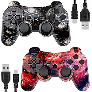 Kolopc Wireless Controller Compatible for PS3 Console, Double Vibration, 6-Axis Gyro Sensor, Upgraded Joystick Motion Gamepad with Charging Cable (Black Skull and Galaxy)