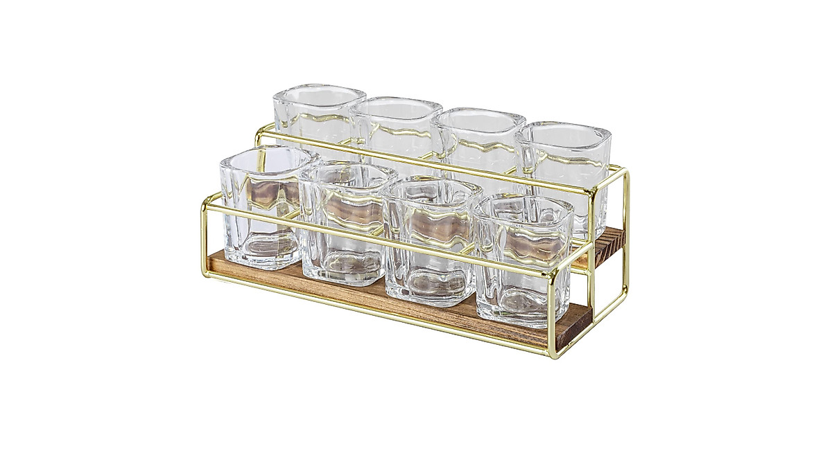 MyGift 2-Tier Brass Tone Metal Shot Tray and Glasses