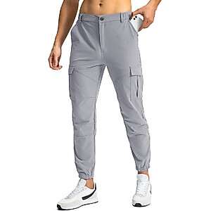 Pinkbomb Men's Hiking Cargo Pants with 7 Pockets Slim Fit Stretch Joggers Golf Cargo Work Pants for Men (Light Grey, M)