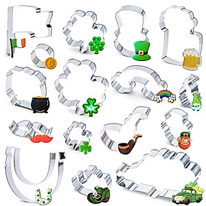 16PCS St.Patrick's Day Cookie Cutter Set Irish Party Supplies - Shamrock Leprechaun Coin Rainbow Beer Flag Horseshoe Design