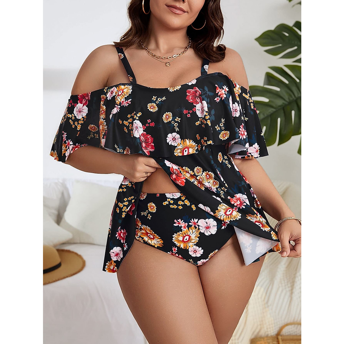 SOLY HUX Plus Size 2 Piece Tankini Floral Print Swimsuit Ruffle Trim Bikini Set Tummy Control Bottom Bathing Suit