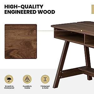 UIIAIOUIAIO Mid Century Writing Desk with Storage, Wooden School Learning Table with Drawer & Storage Cabinets, Student Writing Computer Workstation for Bedroom Study Room