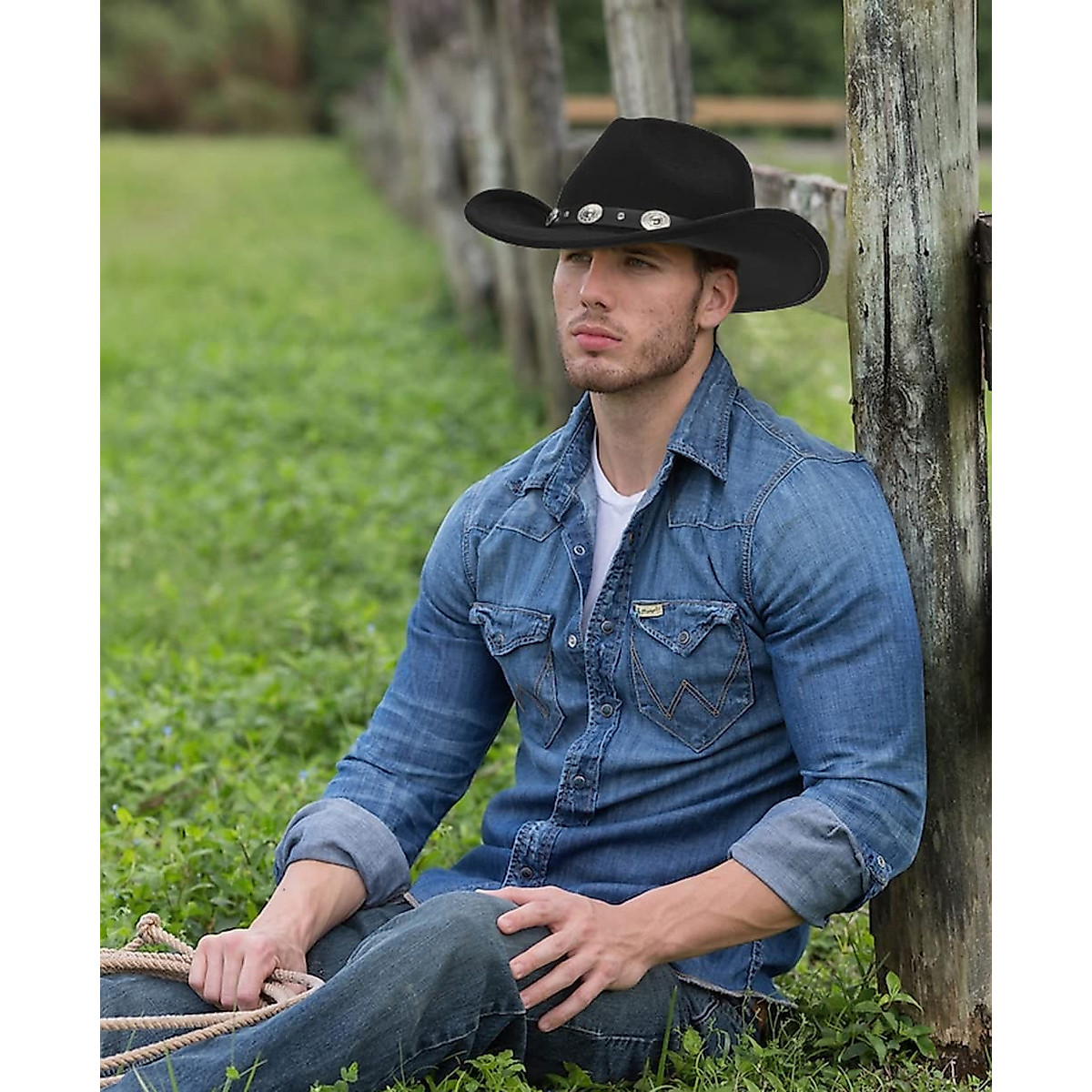 Classic Western Cowboy Hat for Women and Men Roll Up Wide Brim Felt Fedora Hats Cowgirl Hat with Belt Buckle Black