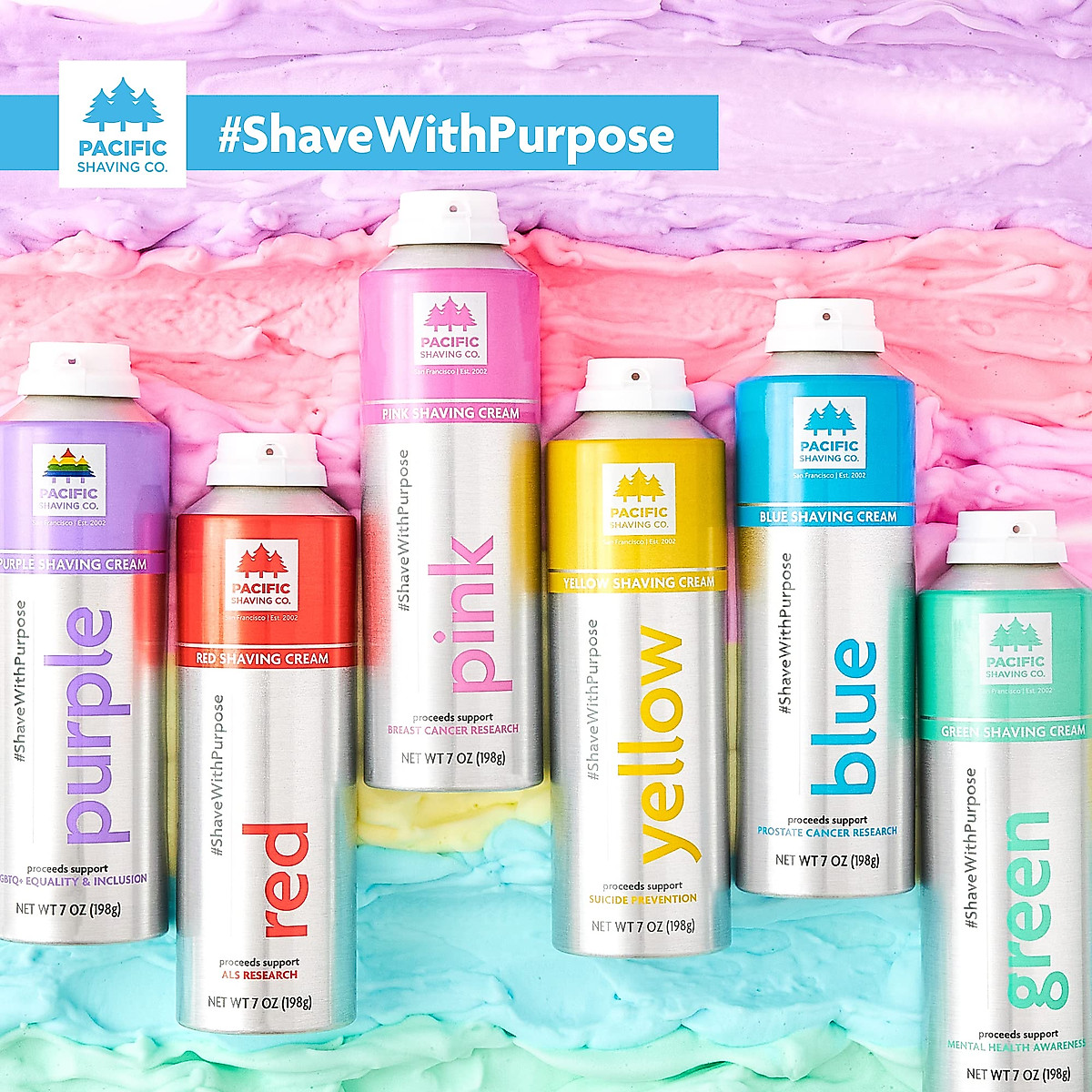 Pacific Shaving Company COLORFUL Shaving Cream, Shave with Purpose - Safe & Natural Ingredients, Cruelty Free, Made in the USA - 6 Item Bundle (7 oz each)
