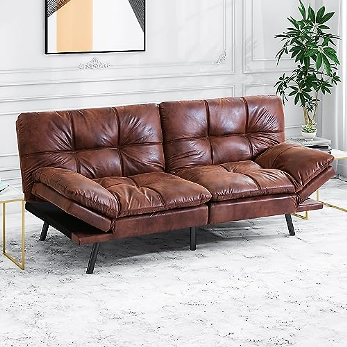 LIFERECORD Futon Sofa Bed Loveseat Sleeper Memory Foam with Adjustable Armrest&Backrest,Modern Convertible Couches for Living Room, Bedroom, Small Spaces, Brown