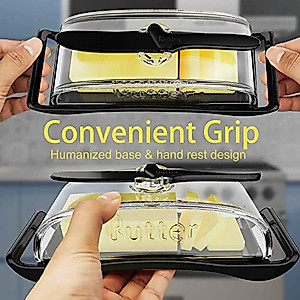 PAIKIUU Butter Dish with Lid and Knife - BPA-Free Plastic Butter Container for Countertop - Easy Grip Handles -Dishwasher, and Freezer Safe - Perfect for East and West Coast Butter - Black