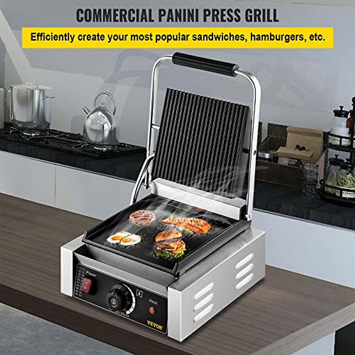 Happybuy Commercial Sandwich Panini Press Grill,110V 1800W Up Grooved and Down Flat Plates Electric Sandwich Maker, Temperature Control 122°F-572°F for Hamburgers Steaks Bacons