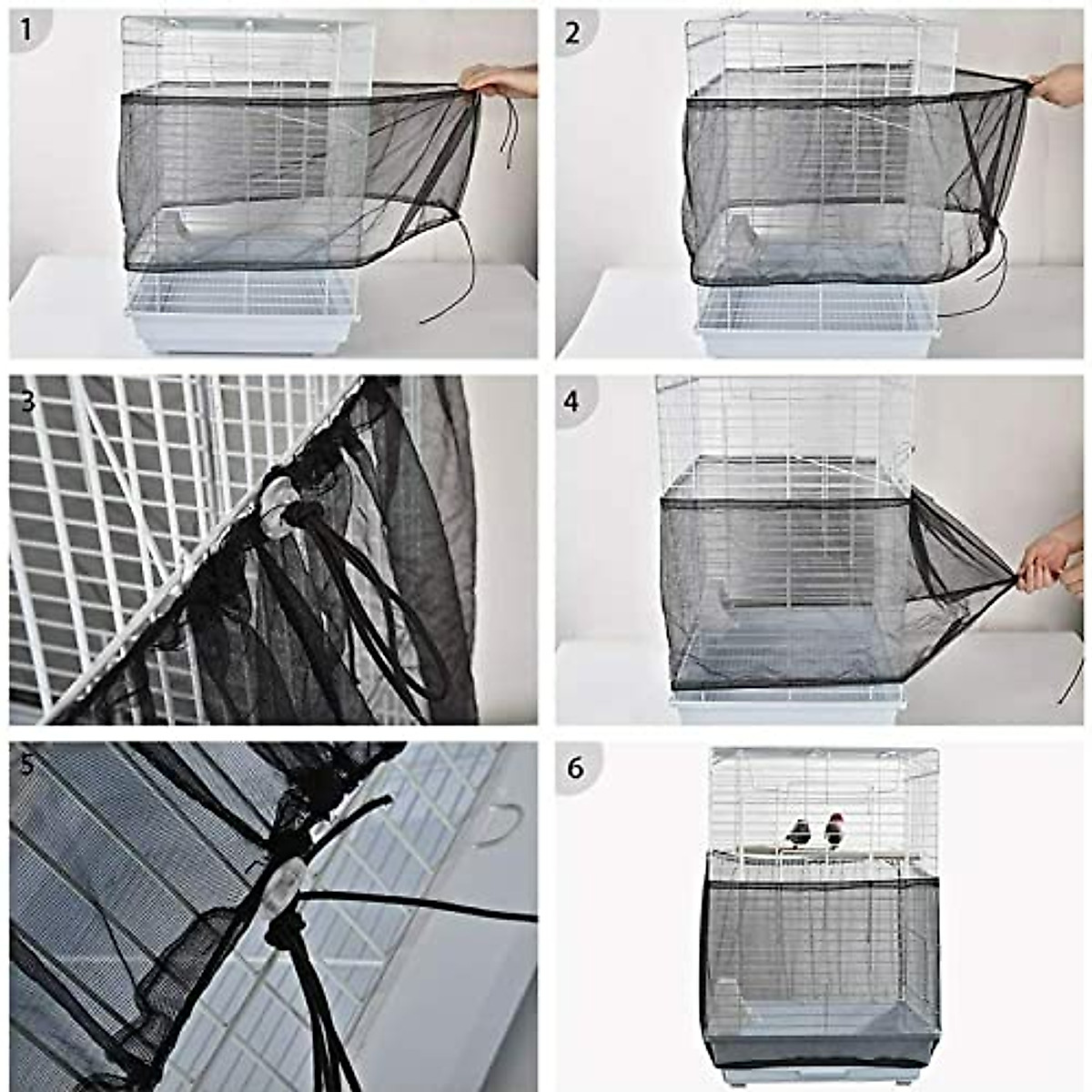 ERDONG Bird Cage Cover, Adjustable Bird Cage Seed Catcher Birdcage Skirt Nylon Mesh Net Guard for Parrot Parakeet Macaw Round Square Cages, Ventilate Dustproof (Black)