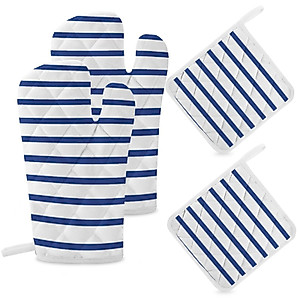 Modern White Royal Blue Stripes Oven Mitts and Pot Holders, 4PCS Heat Resistant Oven Mitts Glove Sets Kitchen Microwave Anti-Scald Pot Holders for Baking Cooking