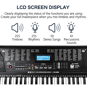 61 Key Portable Electronic Keyboard Piano w/Lighted Full Size Keys, LCD, Headphones, X-Stand, Stool, Music Rest, Microphone, Note Stickers, Built-In Speakers,3 Teaching Modes