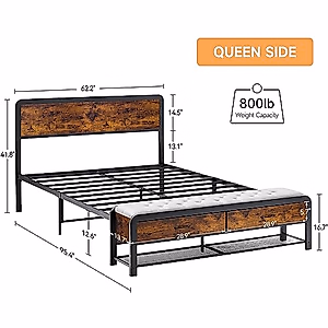 GAOMON Queen Bed Frame with Headboard and 2 Drawers, Metal Platform Bed Frame Queen Size with Storage Drawer, No Box Spring Needed, Noise Free, Rustic Brown