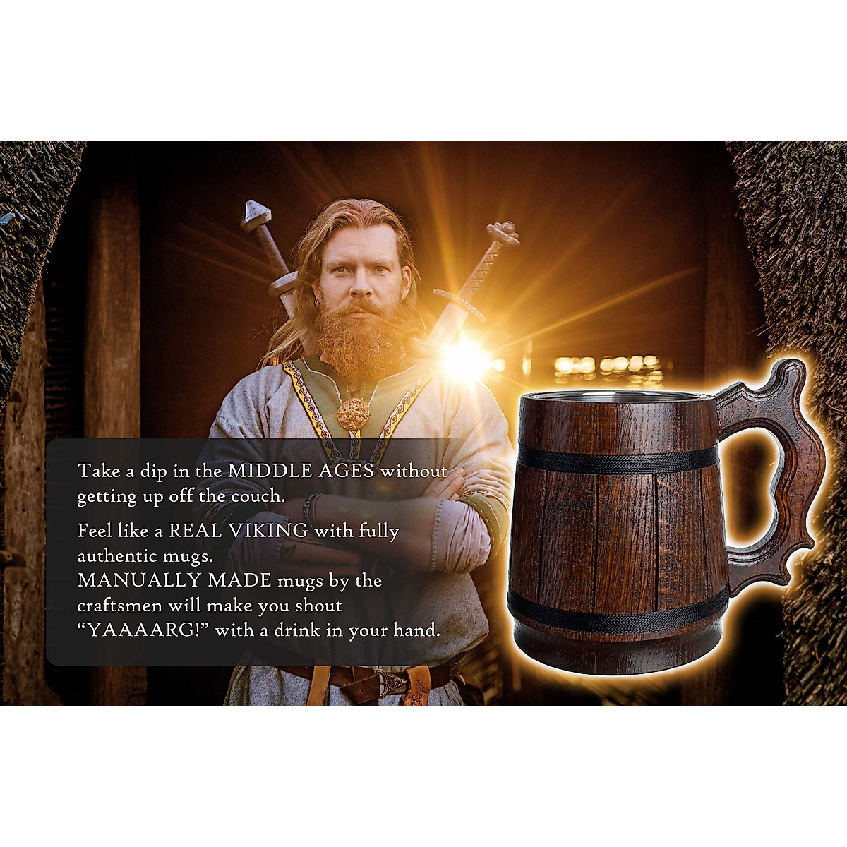 MyFancyCraft Gifts for Men Wood Beer Mug with Box Stainless Steel Cup Men Souvenir Handmade Retro Brown