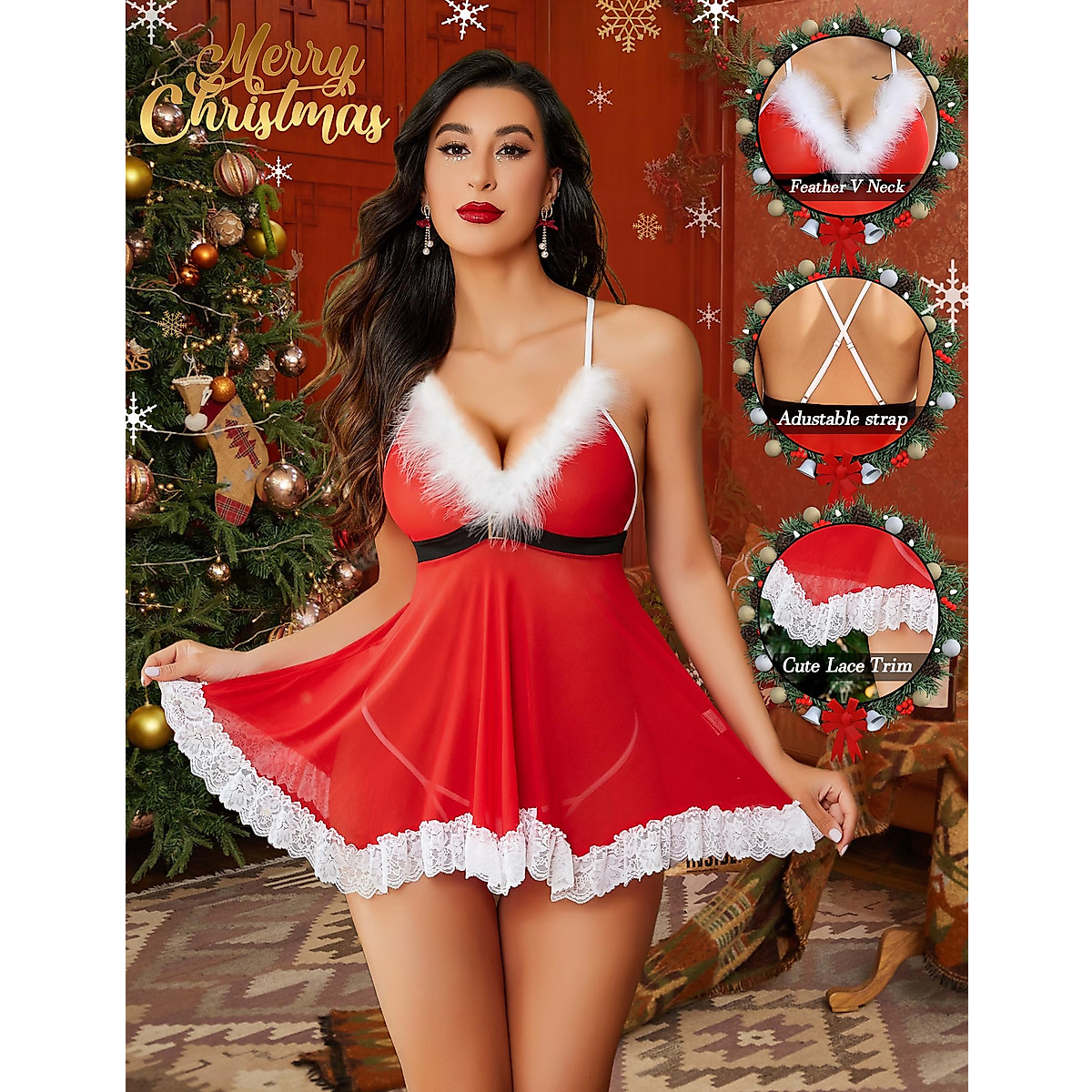 Avidlove Women's Christmas Lingerie Red Santa Babydolls Chemises Christmas Outfits