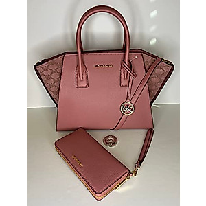 Michael Kors Avril Large Top-Zip Satchel bundled with Large Continental Wristlet Purse Hook (Rose)